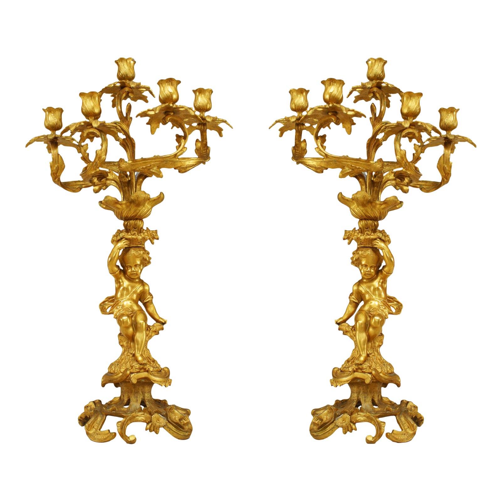 French Louis XV Style Gilt Bronze Cupid Candelabras - A Pair | Chairish