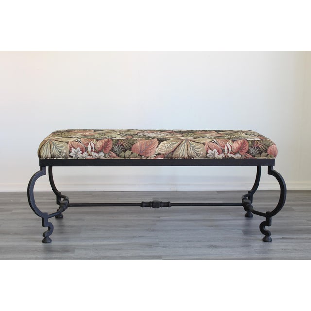 Vintage Iron Bench With Floral Upholstery | Chairish
