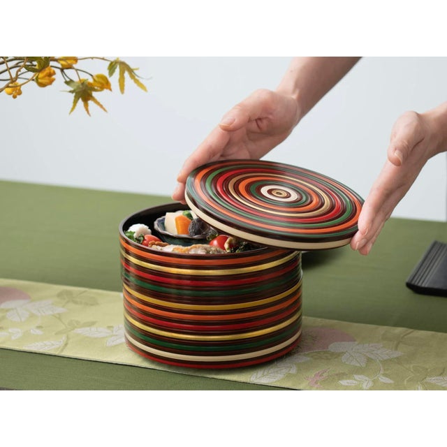 Mid-Century Japanese Wood Three 3 Tiered Lunch Box Jubako Lacquer Round ...