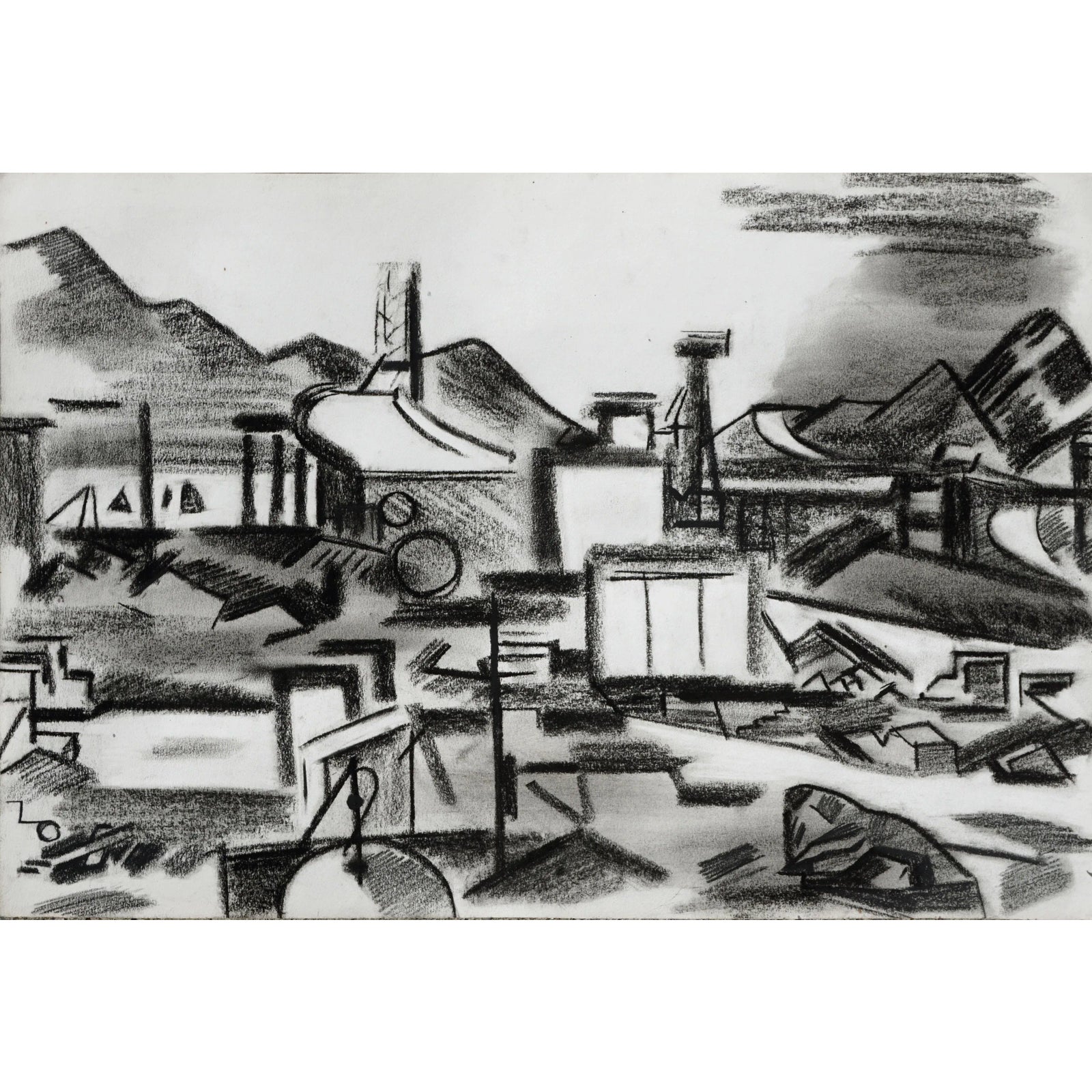 1940s East Bay Industrial Scene Charcoal Drawing by Erle Loran | Chairish