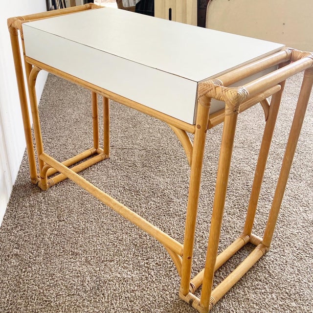 Boho Chic White Matte Laminate Bamboo Rattan Desk | Chairish
