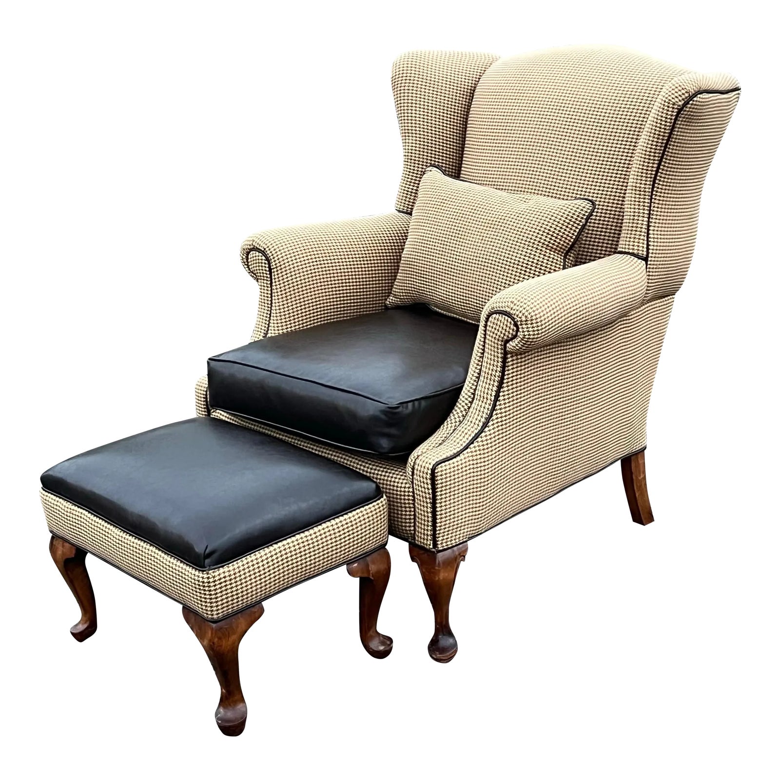 Vintage Houndstooth Wingback Chair With Ottoman | Chairish