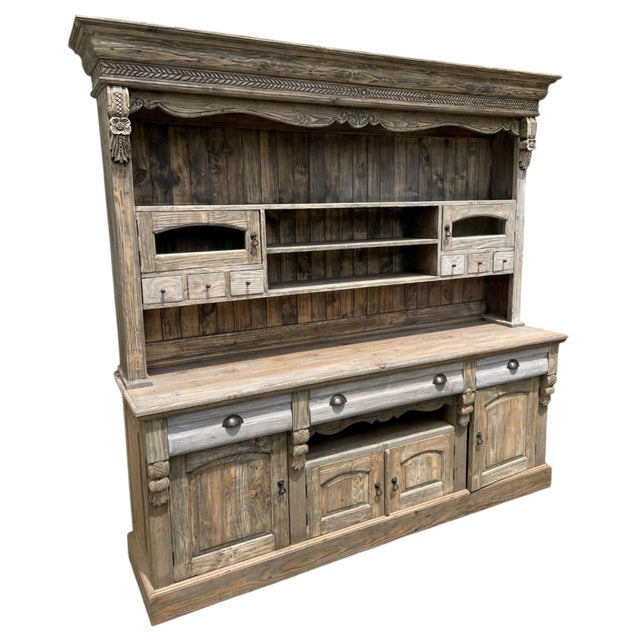 Large Farmhouse Mahogany Kitchen Hutch – 2 Pc Open China Cabinet | Chairish