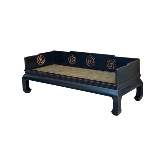 Chinese Solid Wood Black Lacquer Golden Dragon Relief Motif DayBed ...