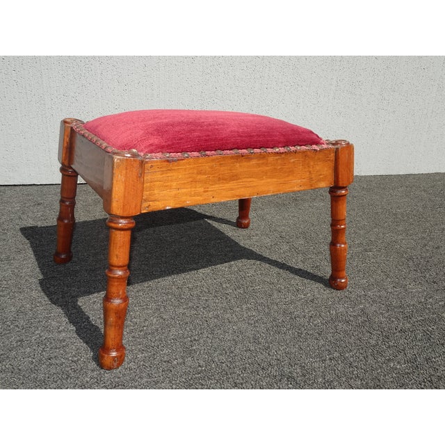 Vintage Oak French Country Rose Colored Velvet Footstool W Decorative ...