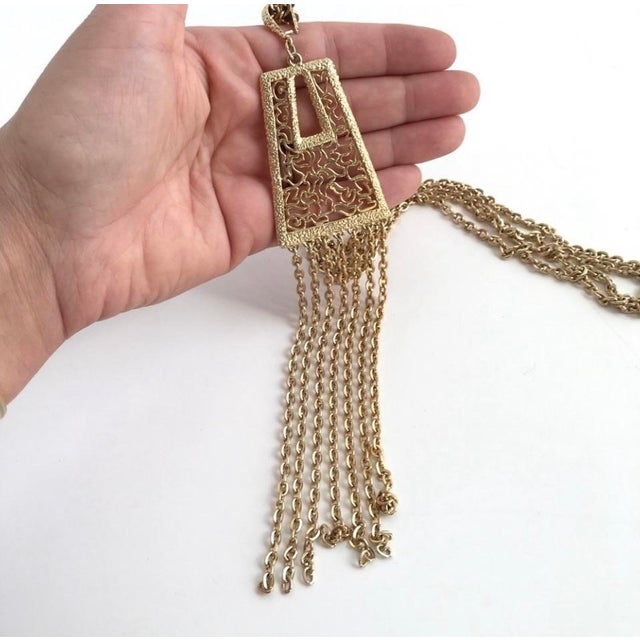 60s Fringe Necklace Gold Tone Long Maximalist Chain Vintage Retro Mod ...