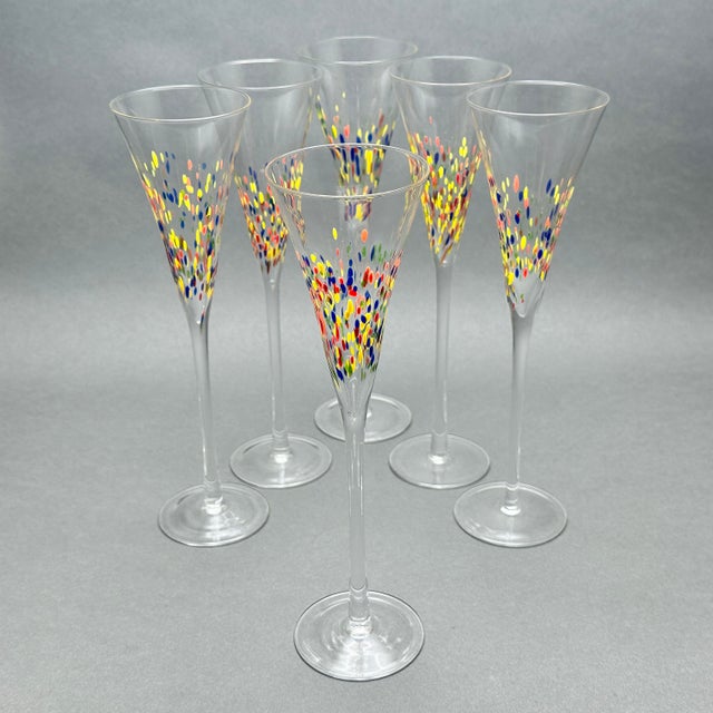 Vintage Set of 6 Hand Blown Long Stemmed Clear Glass Champagne Flutes ...