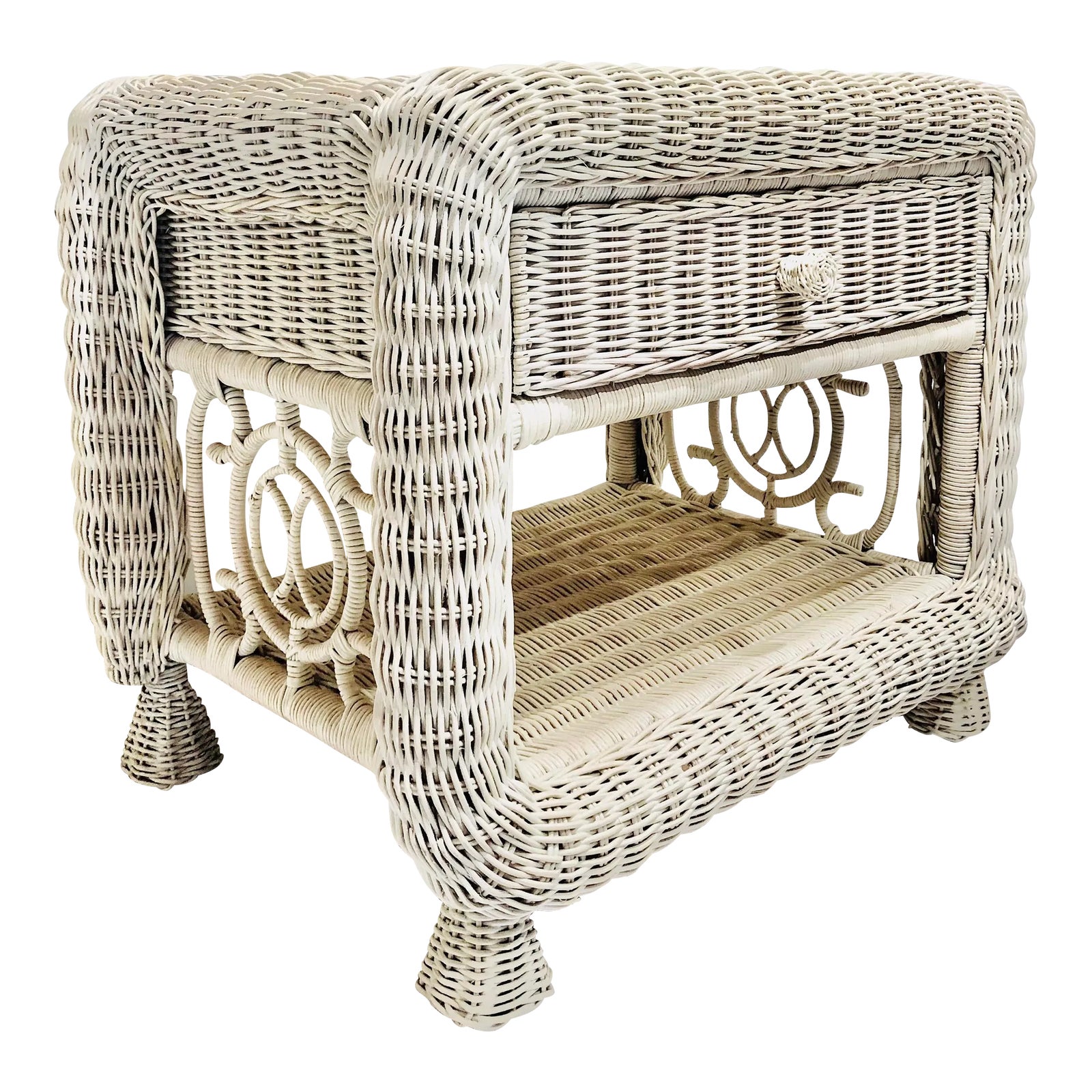 Vintage Hollywood Regency Style Woven Wicker Bedside Table | Chairish
