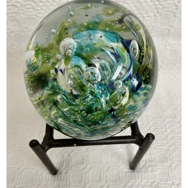 Jeff Price Hand Blown Art Glass Orb/Paperweight on Stand | Chairish