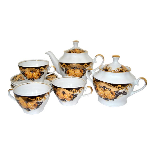 Napoleon III-Style Porcelain Tea Set With Gilded Roses- 9 Pieces | Chairish