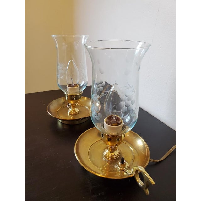 Pair of Vintage Electric Hurricane Lamps, Brass & Etched Glass | Chairish
