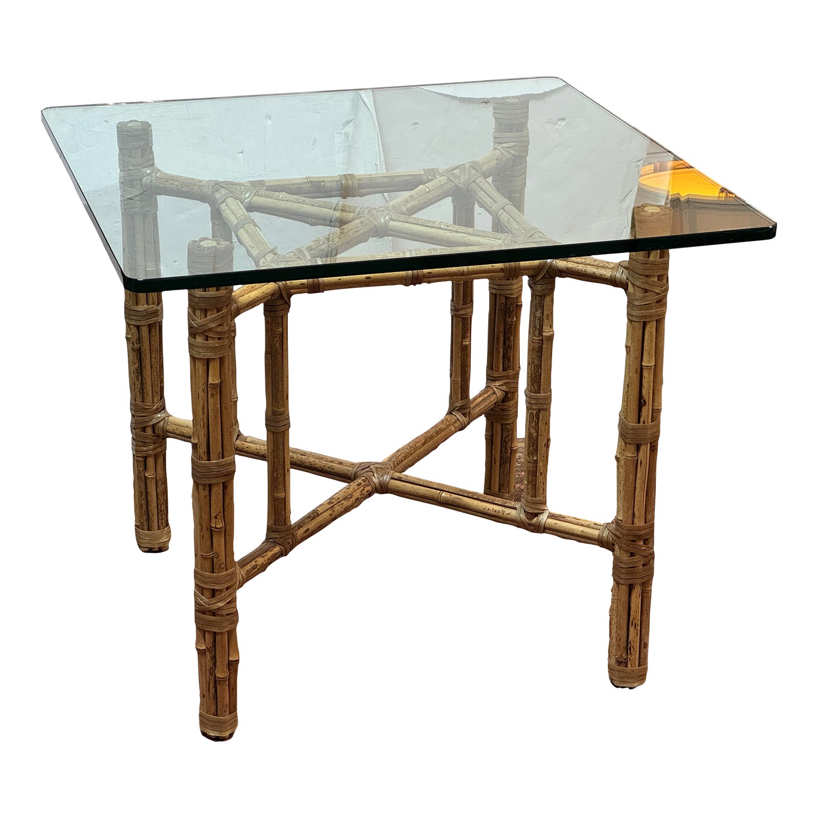 McGuire Vintage Leather Wrapped Bamboo + Glass Dining Table | Chairish