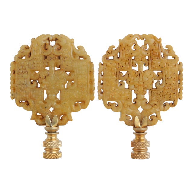 Chinese Archaic Style Carved Stone Lamp Finials - a Pair | Chairish