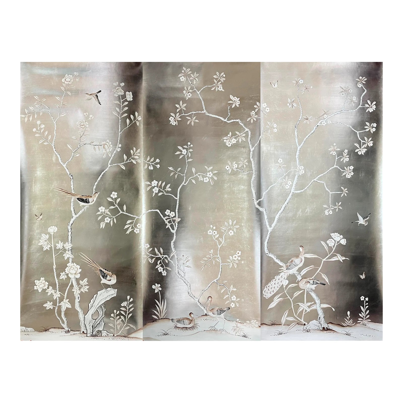 Contemporary Chinoiserie Wallpaper Hand Painted Murals on Silver ...