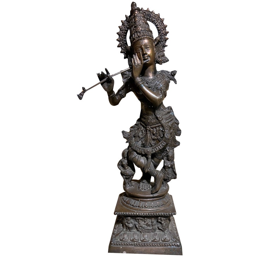 Bronze Gopal Krishna Statue with Flute Avatar of Lord Vishnu | Chairish