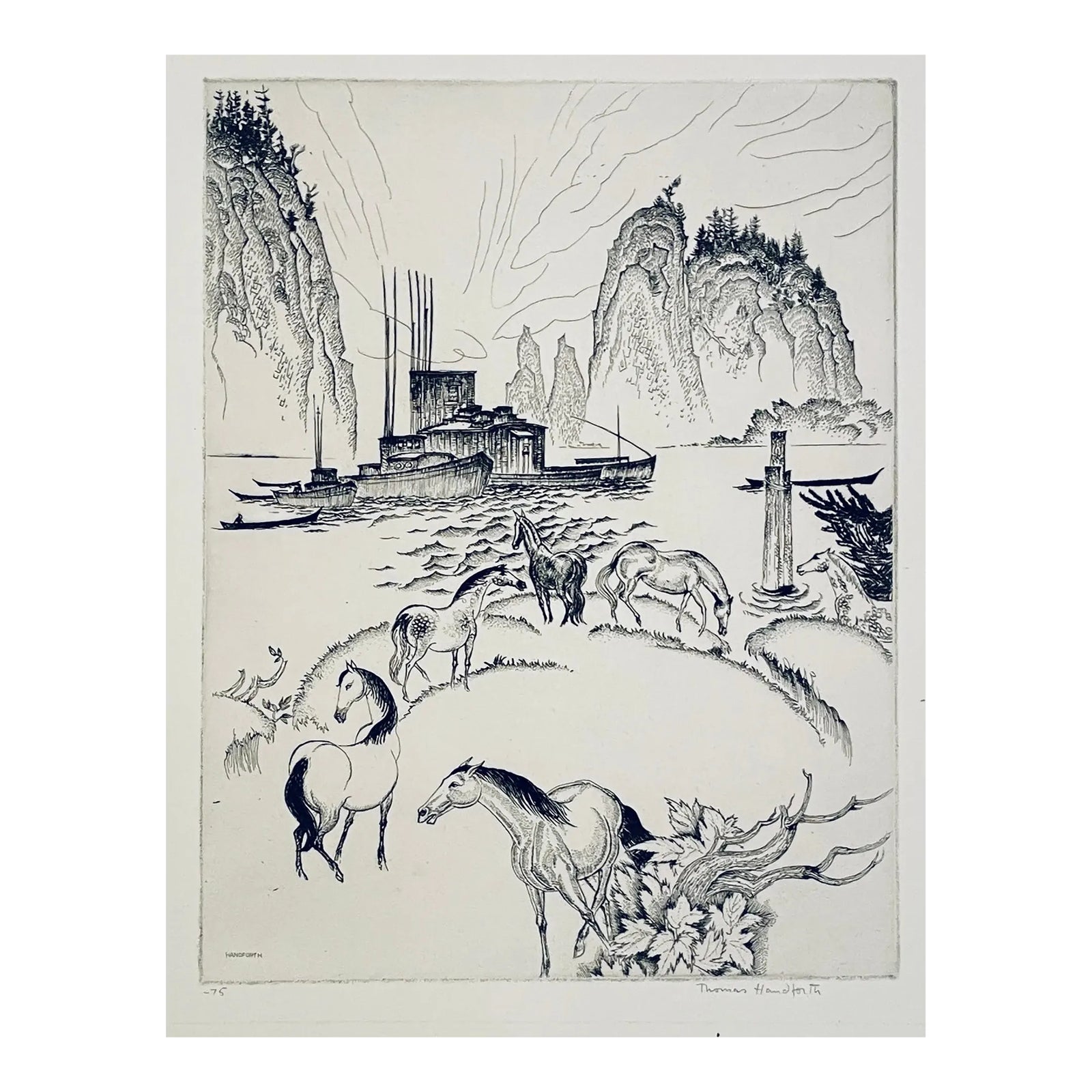 1929 Thomas Handforth Island Horses Etching | Chairish