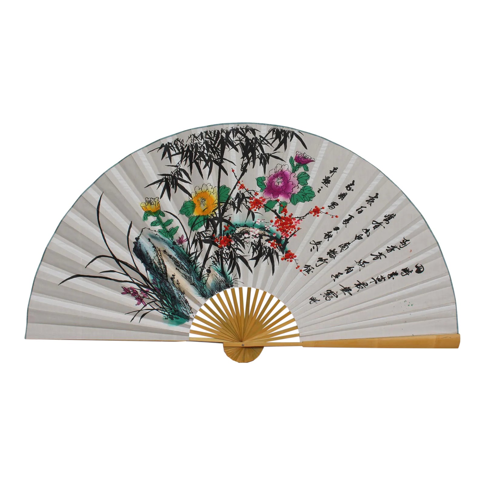 Chinese Handmade Fan Shape Flower Theme Paper Painting | Chairish