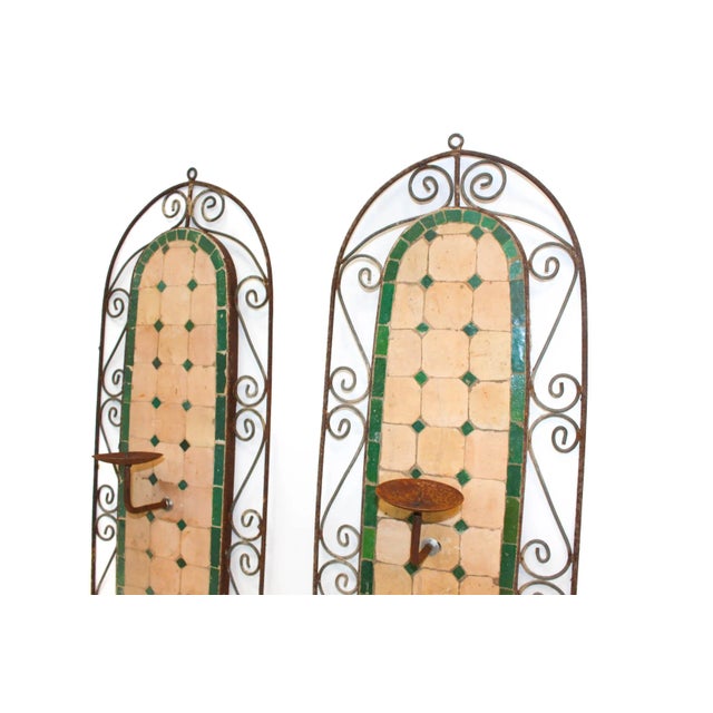 Terracotta Tile Wall Sconce With Candle Cup Green Accents | Chairish