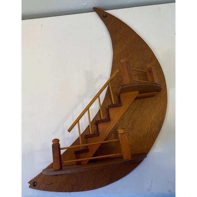 Vintage MCM Hand Made Crescent Moon Stair Step Wood Wall Shelf | Chairish
