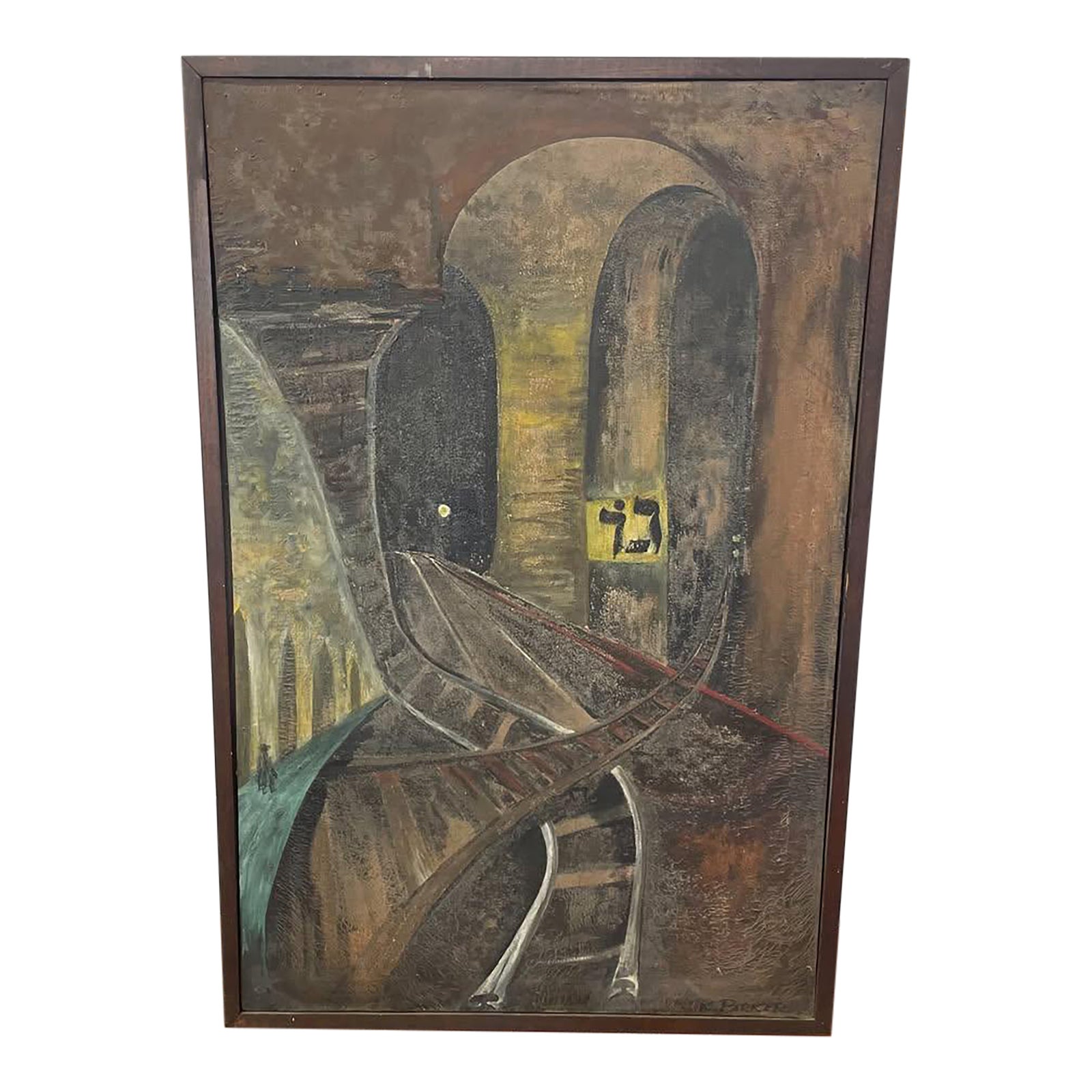 1960s Brutalist Abstract Subway Tunnel Oil Painting Signed K. Parker ...