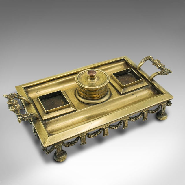 1900s Edwardian Antique Pen Tray, English, Brass, Silver Plate, Inkwell ...