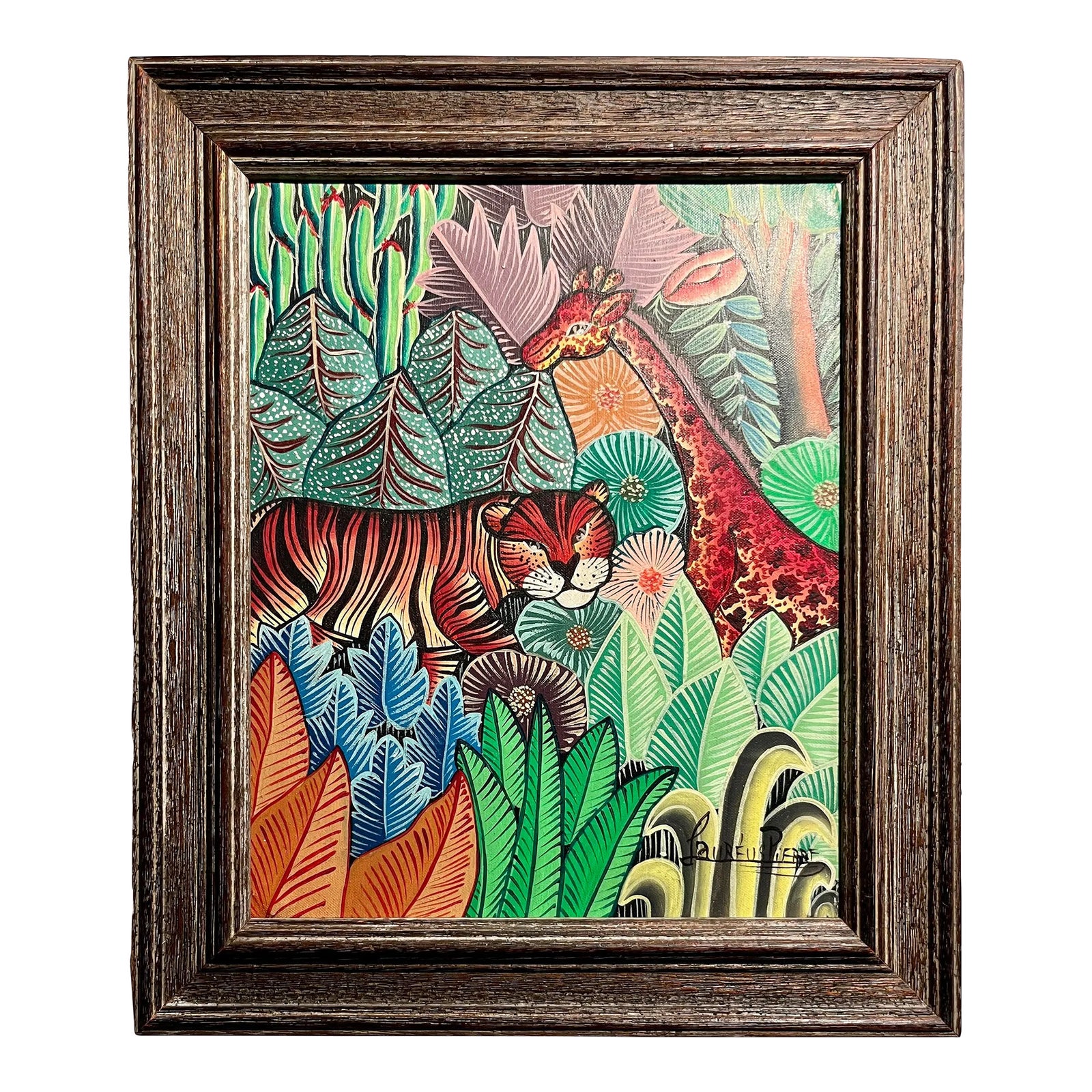 Vintage Jungle Oil on Canvas Painting by Haitian Artist Laureus Pierre ...