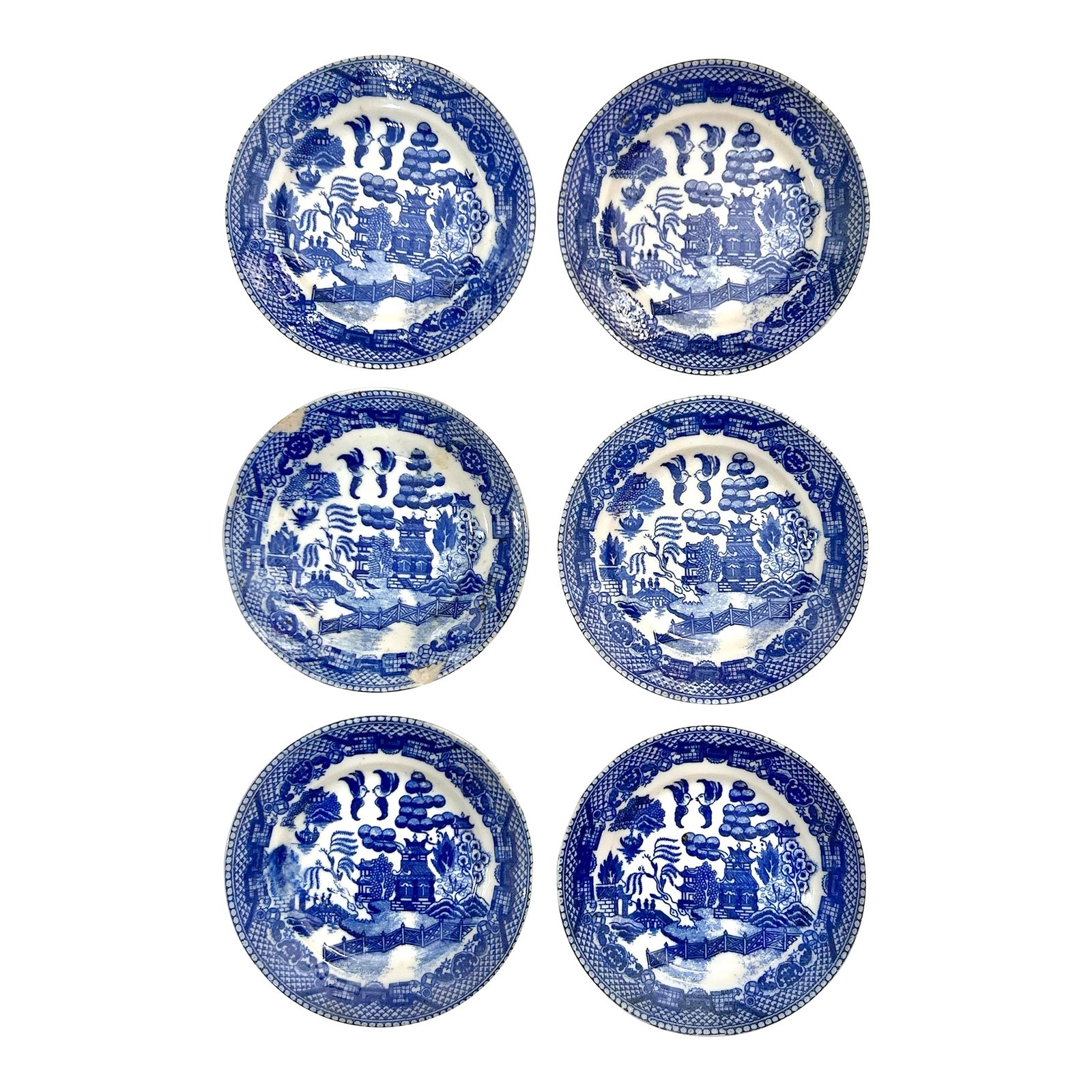 Antique Blue & White Willow Butter Pat Plates- Set of 6 | Chairish