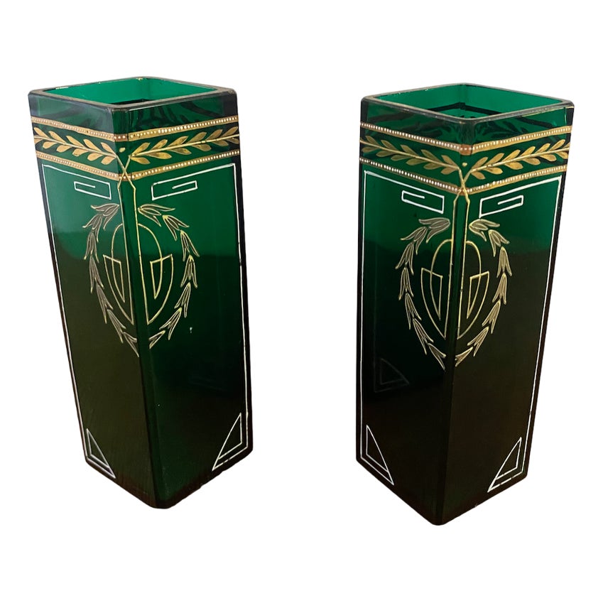 Art Nouveau Green Glass Vases by Josef Riedel, 1900, Set of 2 | Chairish