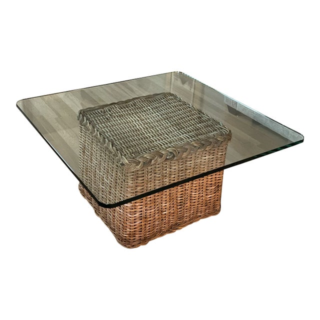 Organic Modern Large Glass Coffee Table With Rattan Base | Chairish
