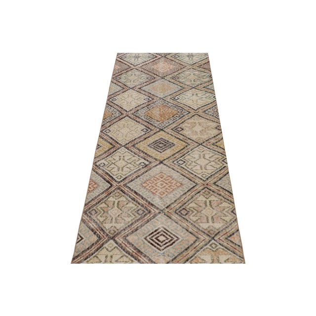 Vintage Mid-Century Beige-Brown and Blue Geometric Wool Rug, Tribal ...