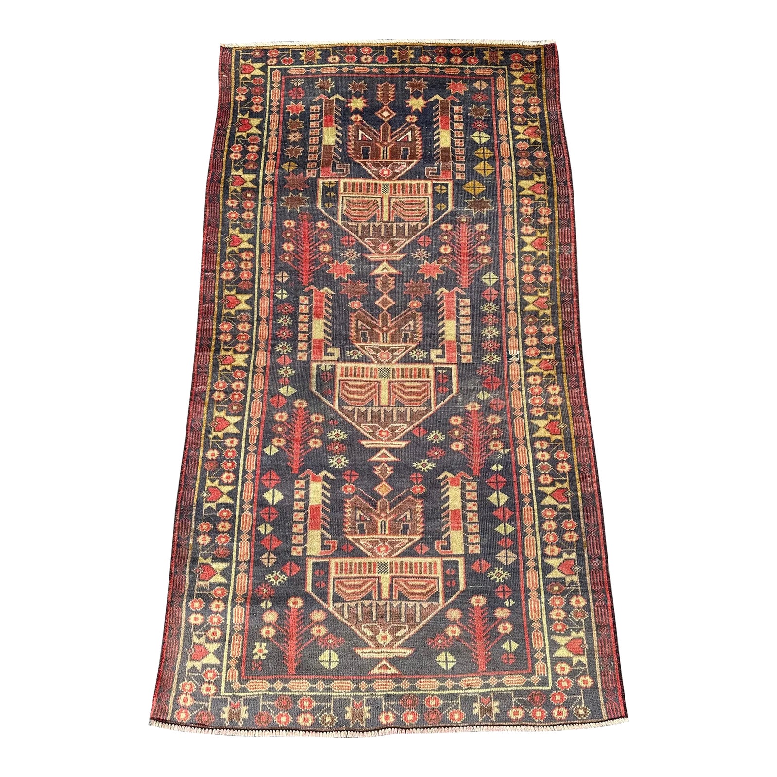 Vintage Afghan Baluch Rug Floral Pot Design Tribal Rug | Chairish