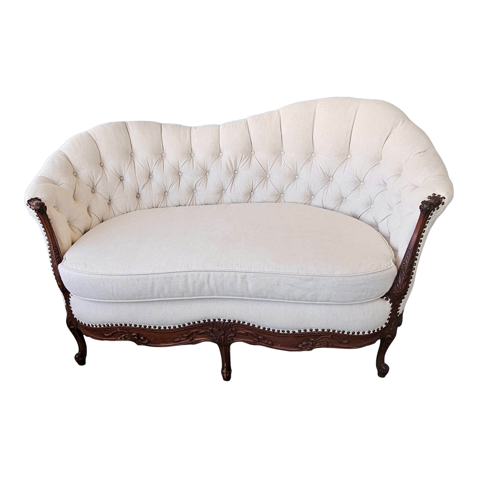 French White Linen Settee Wood Furniture | Chairish