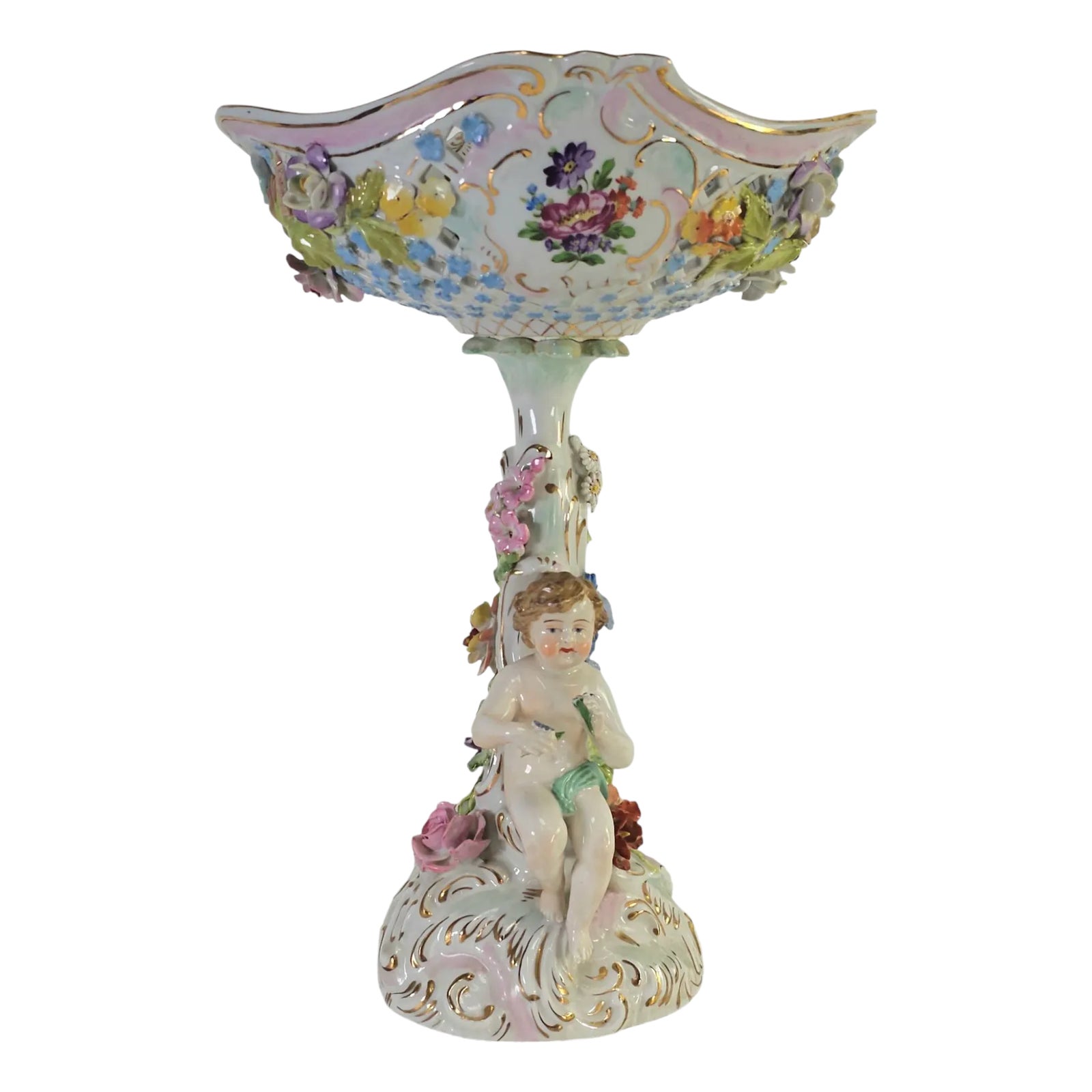 Antique Carl Thieme Dresden Reticulated Compote – 13” Porcelain, Putti ...