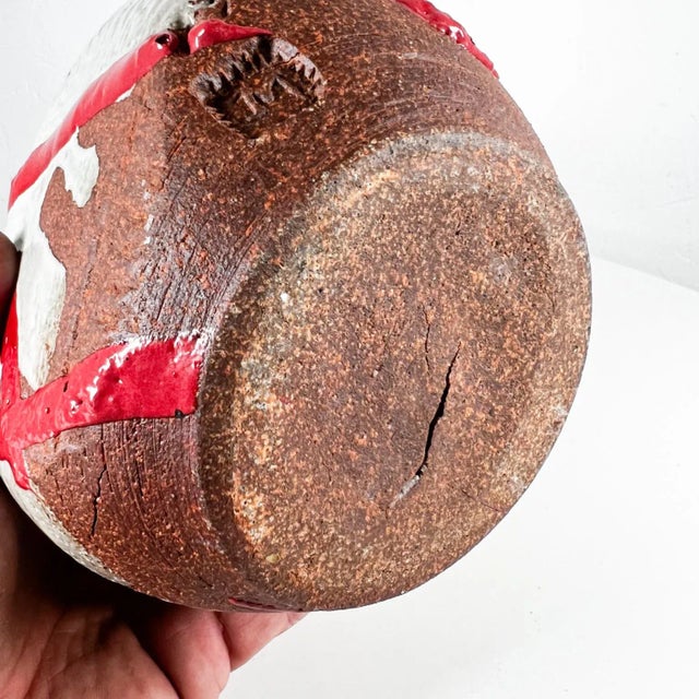 1970s Jm Abstract Red and White Studio Pottery Vase Vessel | Chairish