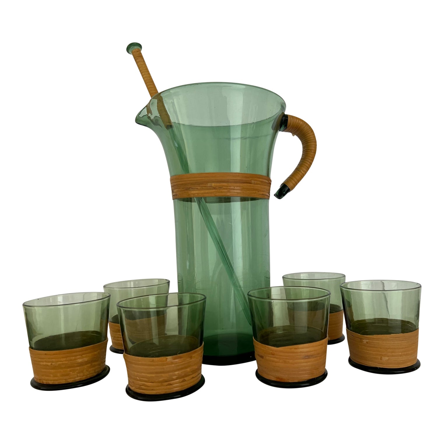 Blown Glass & Rattan Cocktail Pitcher With Bar Glasses & Stirrer Stick ...