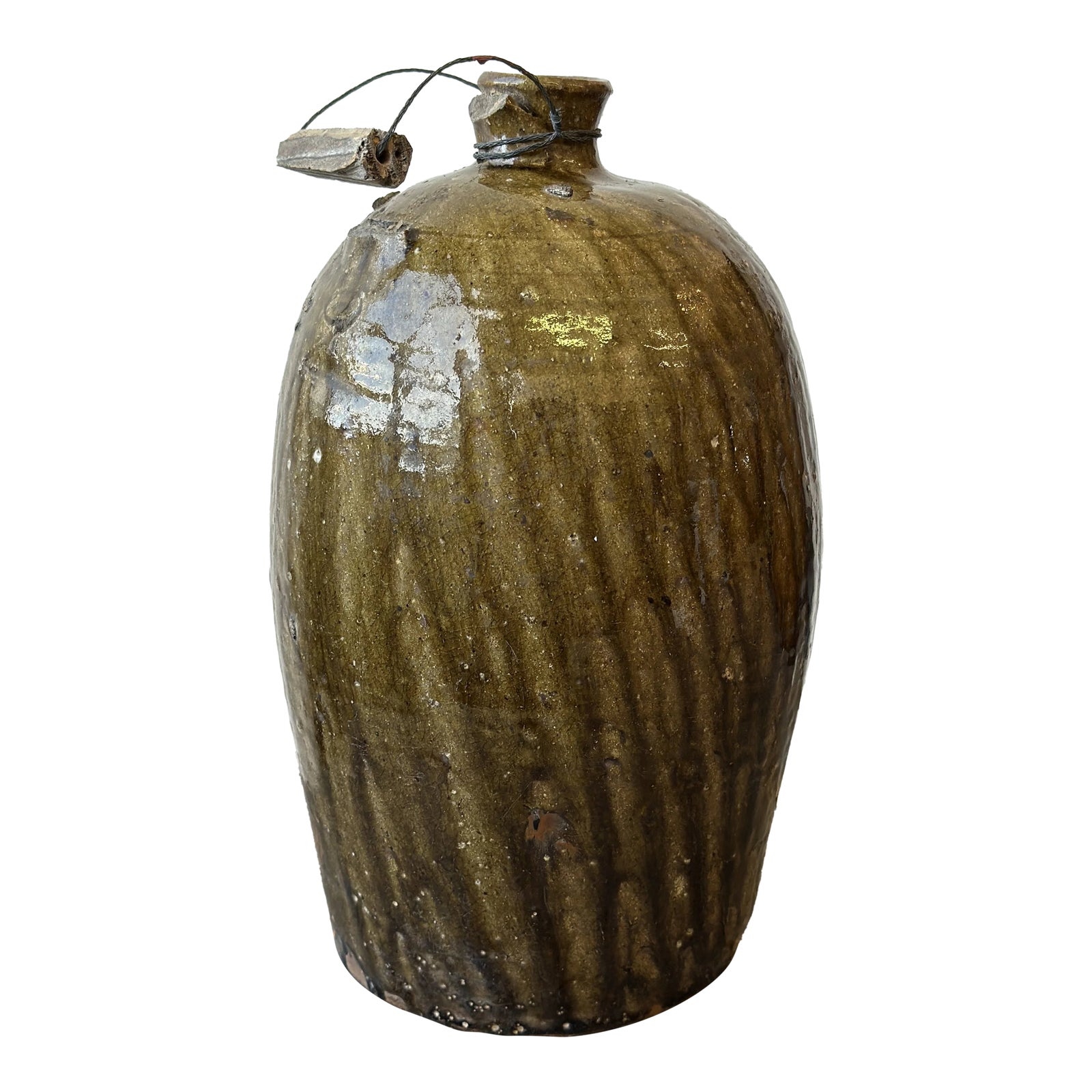 Antique Southern Olive Green Glazed Pottery Jug With Make-Do Handle ...