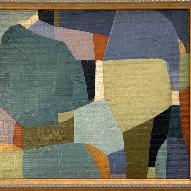 Contemporary Teal Blue Abstract Oil Painting in Vintage Frame | Chairish