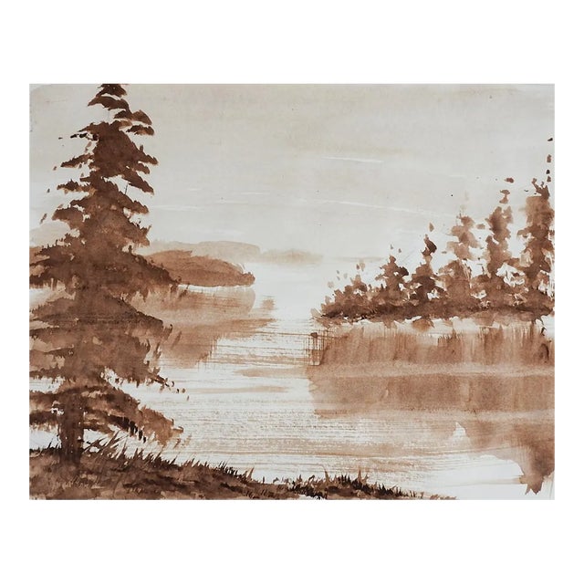 Sepia Tone Lakeside Landscape Watercolor Painting | Chairish
