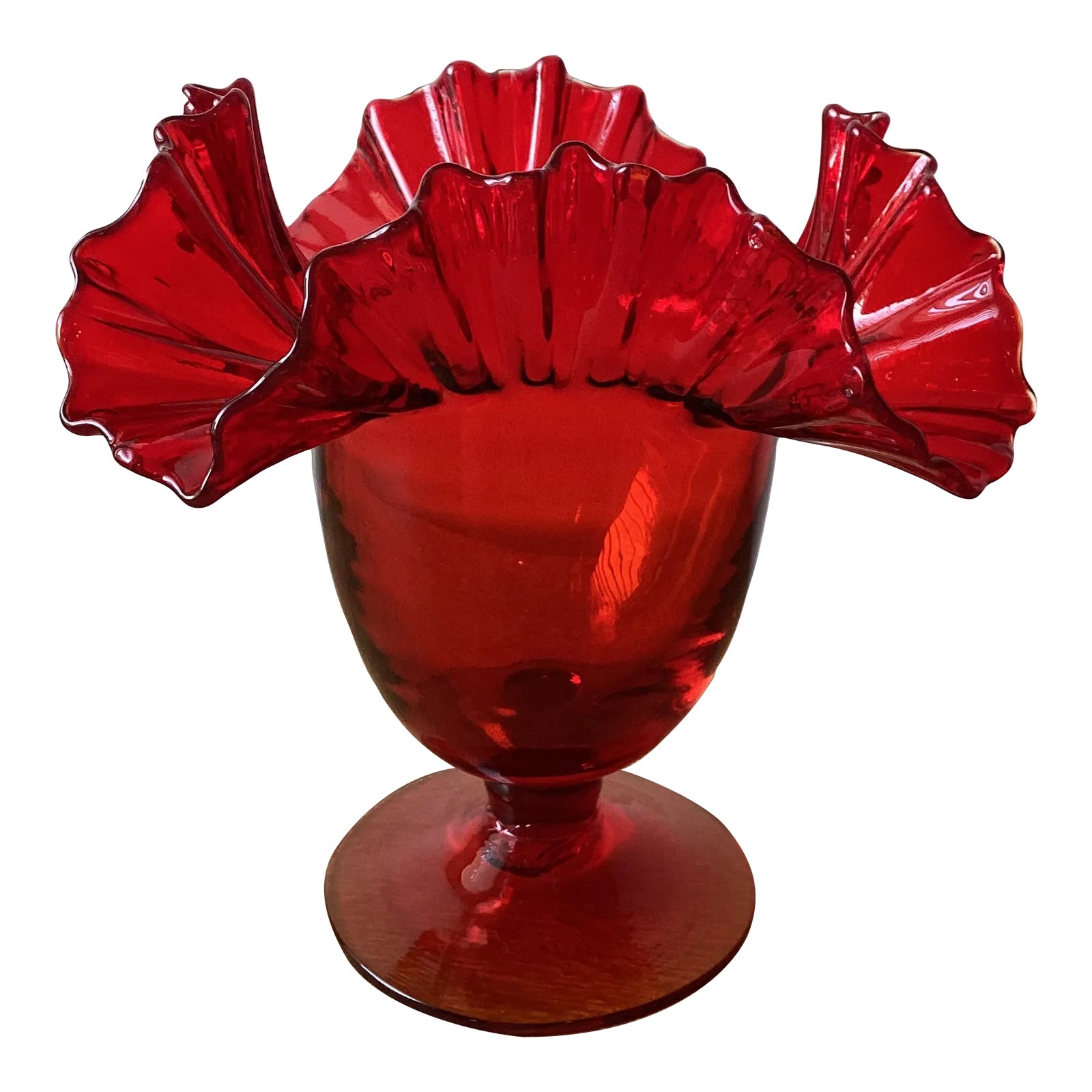 Mid Century Modern Blenko Attributed Red Crimp Top Vase | Chairish