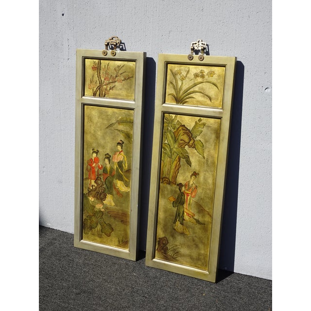 Vintage Oriental Asian Gold Two Panel Wall Screen Picture ~ Geishas ...