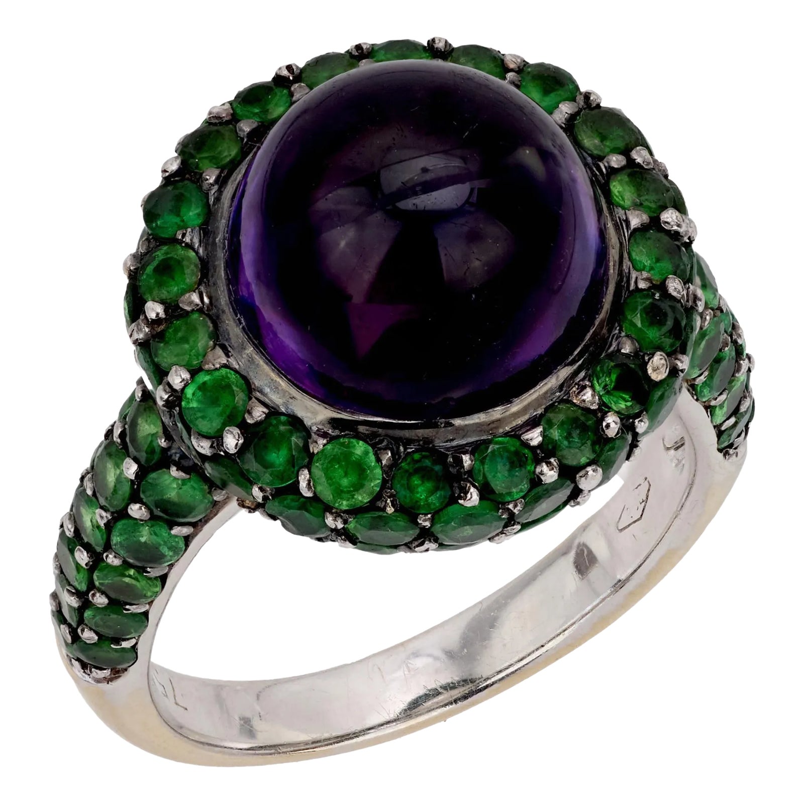 1980s Vintage Cabochon Amethyst Tsavorite 18k White Gold Cocktail Ring ...