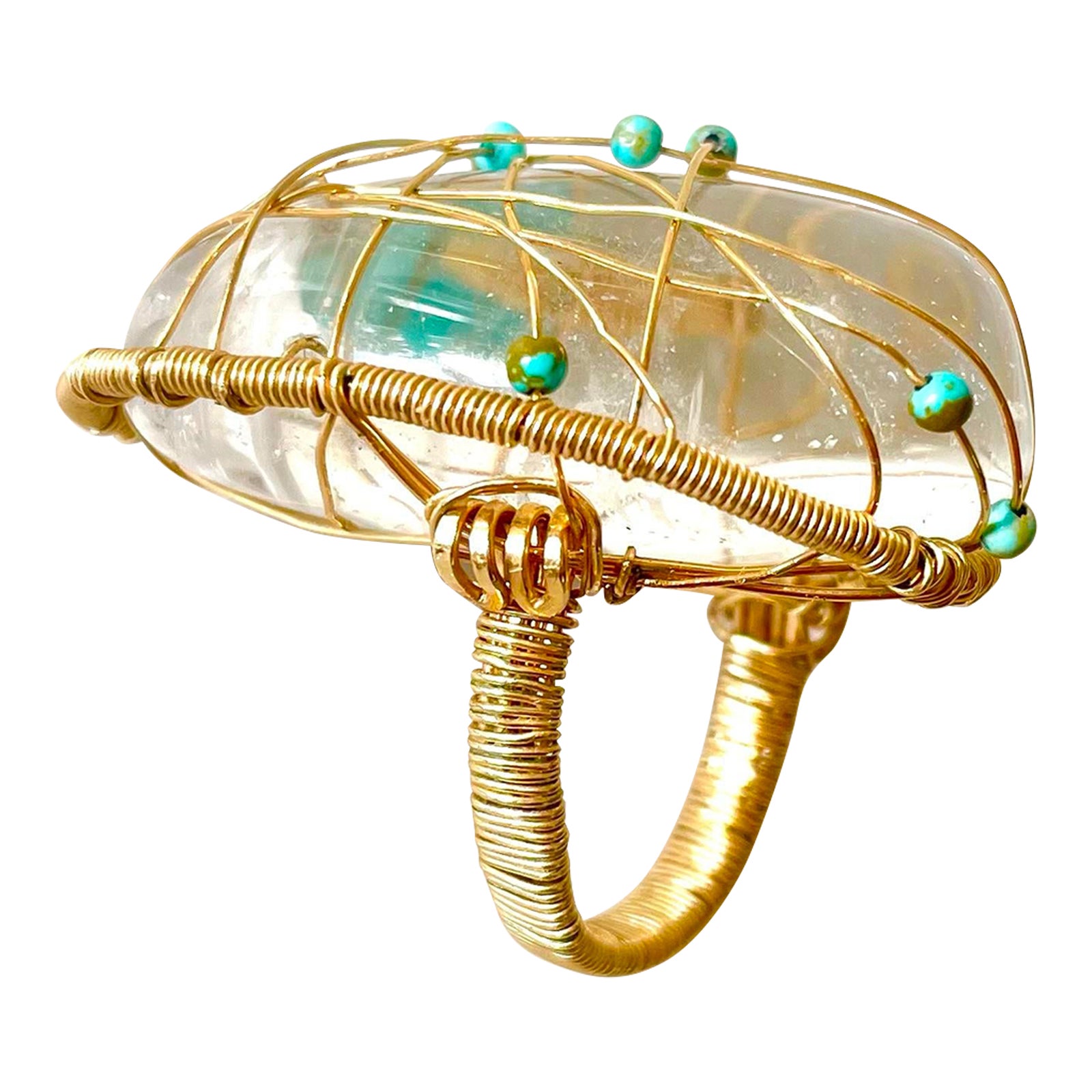 Stunning Quartz and Turquoise Gold Wire Design Ring | Chairish