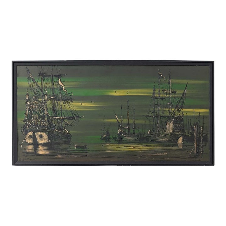 1960s Vintage Vanguard Studios Painting by Van Gaard, “Galleons at Sea ...