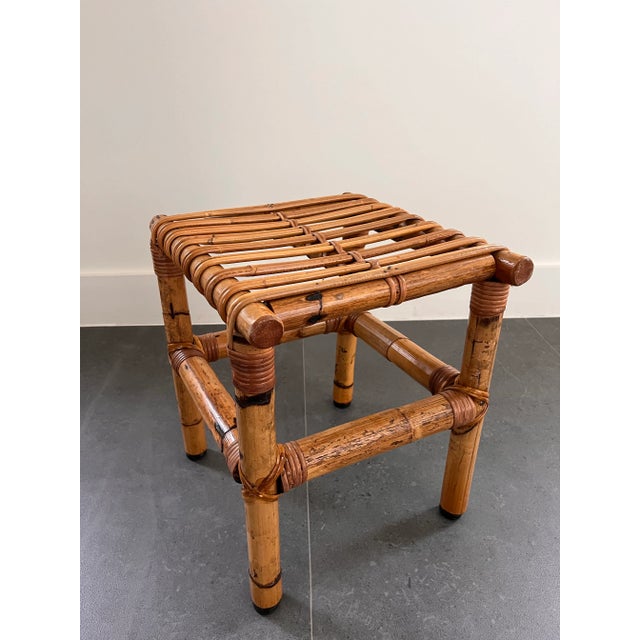 Vintage Rattan Wrapped Bamboo Square Stool | Chairish