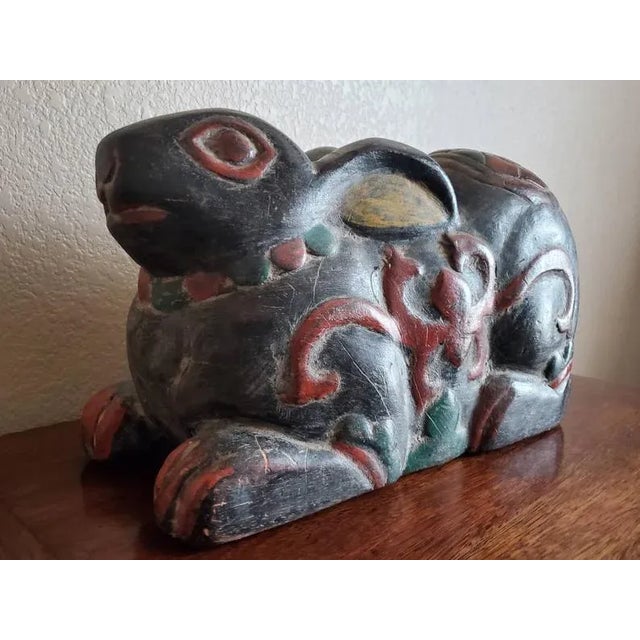 Antique Burmese Hand Carved Polychrome Rabbit Sculpture | Chairish