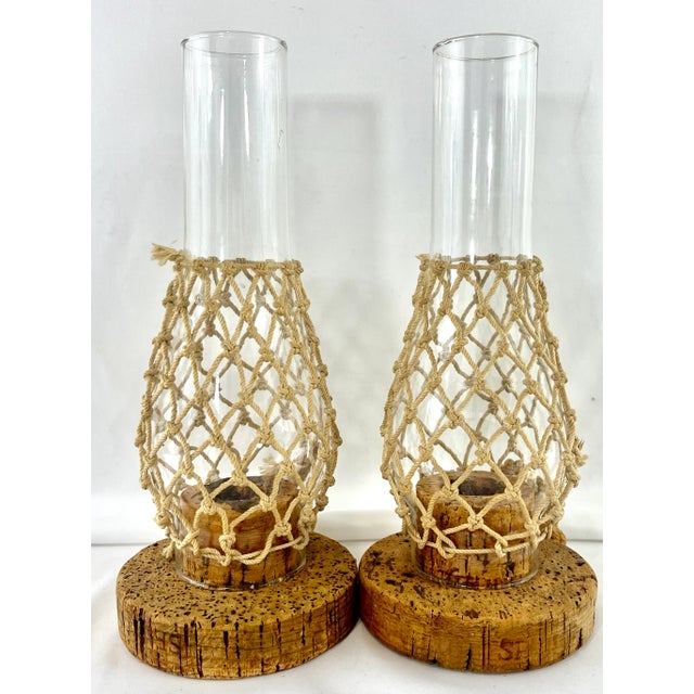 1970s Cork & Rope Nautical Hurricane Lanterns, Set of 2 | Chairish