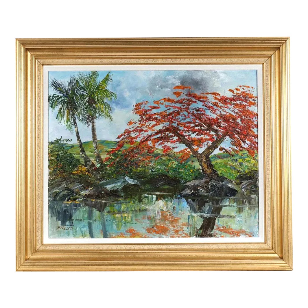 Lakeside Red Tree Oil on Canvas in Gilt Frame | Chairish