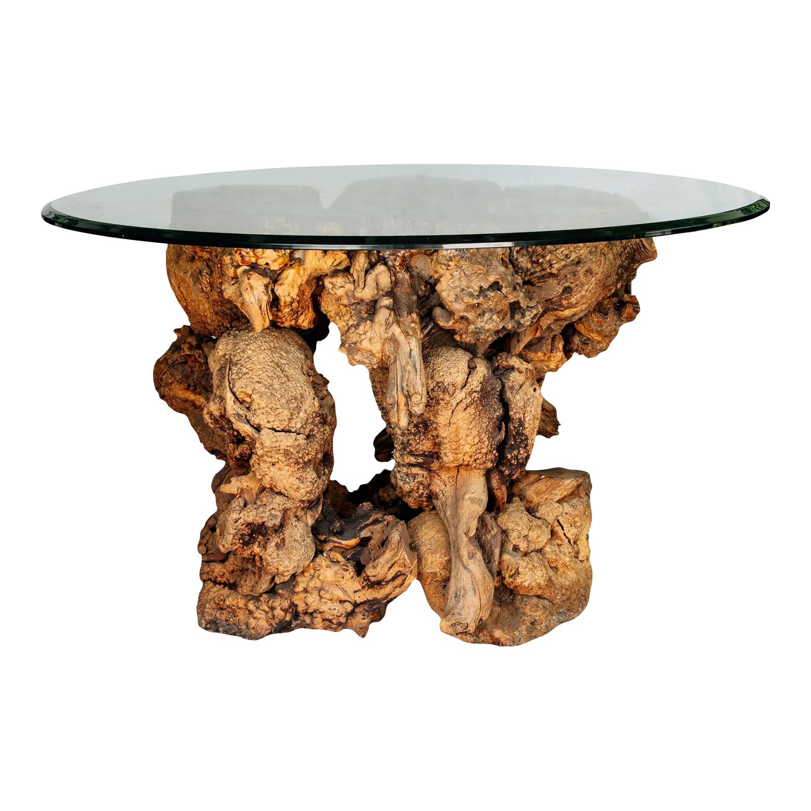 Large, Mid-Century Modern Console Root Table With 1" Thick Glass Top ...