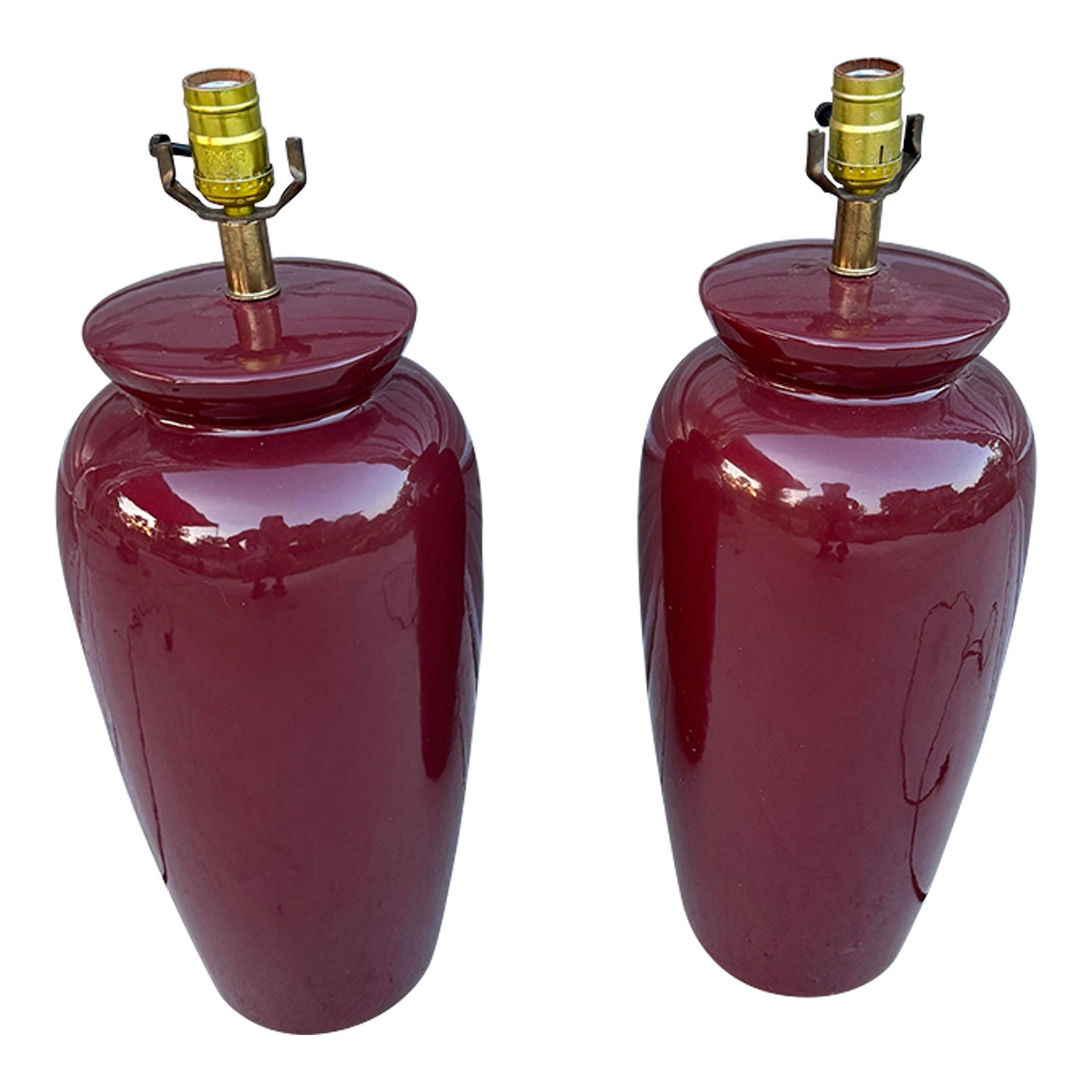 1970s Substantial Ceramic Maroon Urn Shaped Table Lamps - a Pair | Chairish