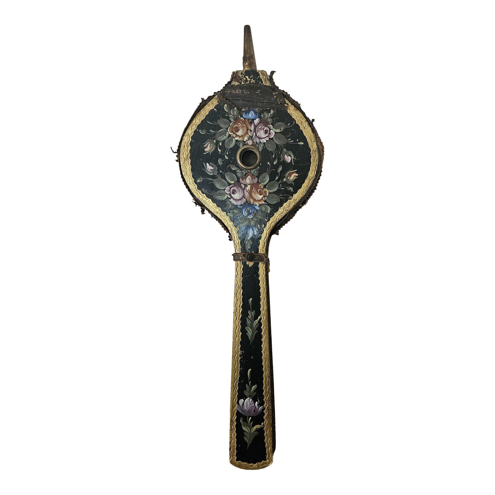 Antique Painted Fireplace Bellows Flemish, Botanical Flowers | Chairish